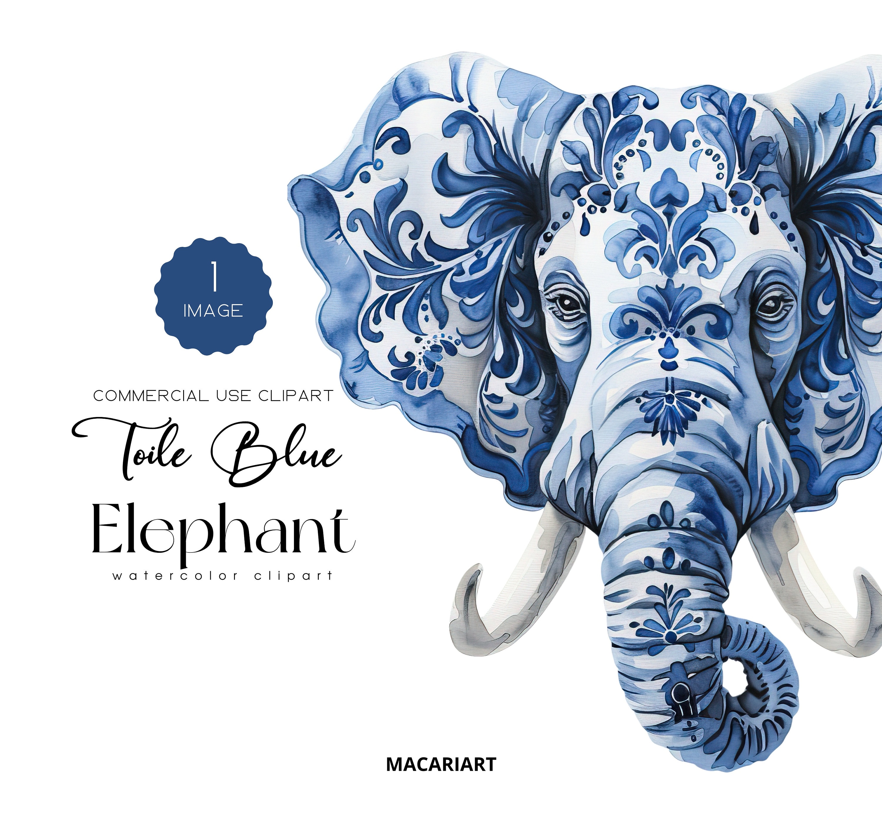 Toile Blue Elephant Clipart Watercolor Chinoiserie Toile De Jouy Jungle ...