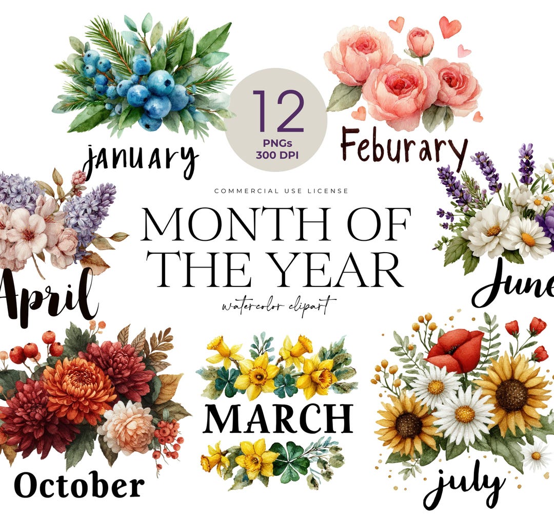 Months of the Year Clipart, Watercolor Seasonal Graphics, Flowers for ...