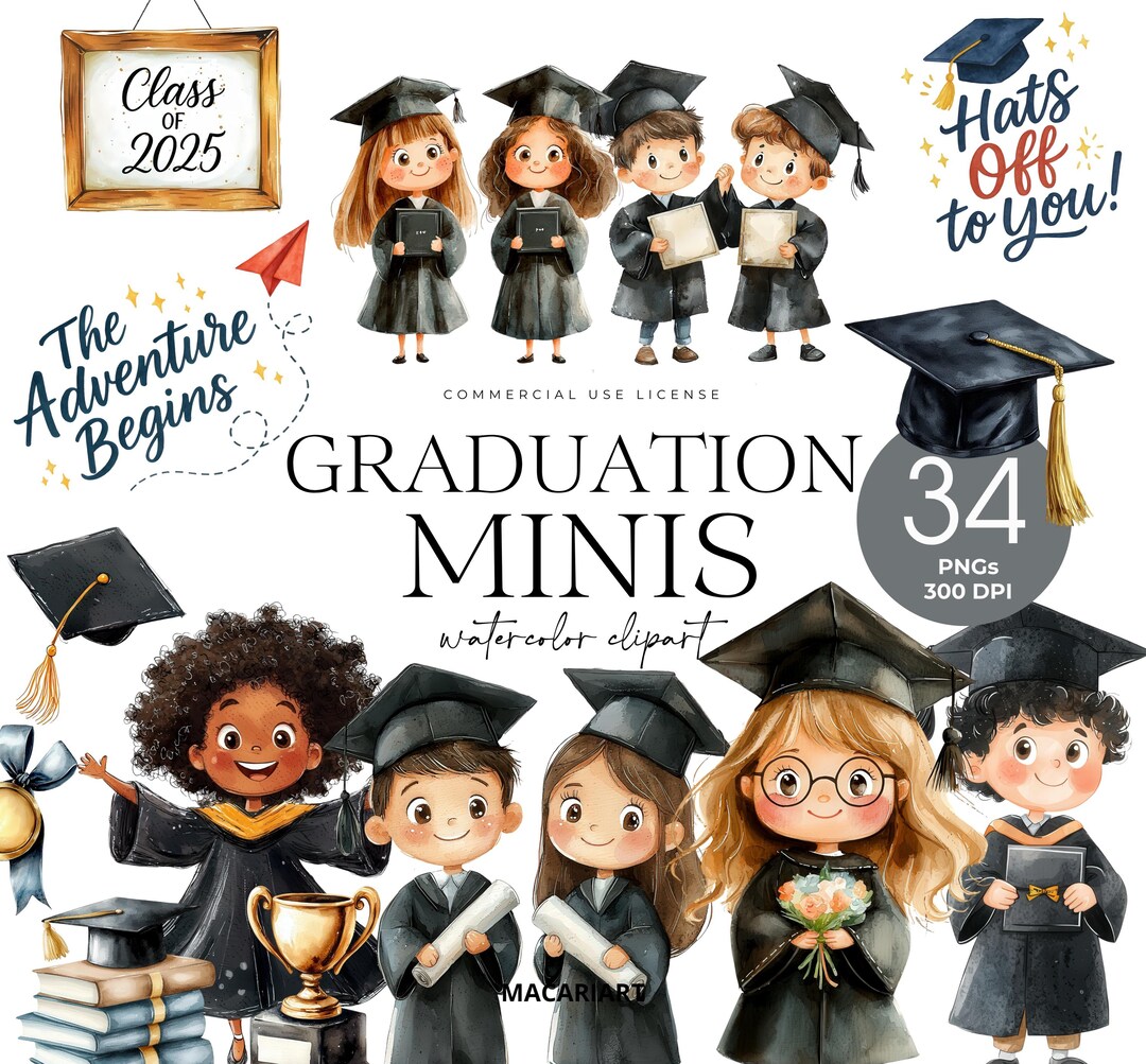 Preschool Graduation Clipart, Cute Kids Graduation PNG, Watercolor ...