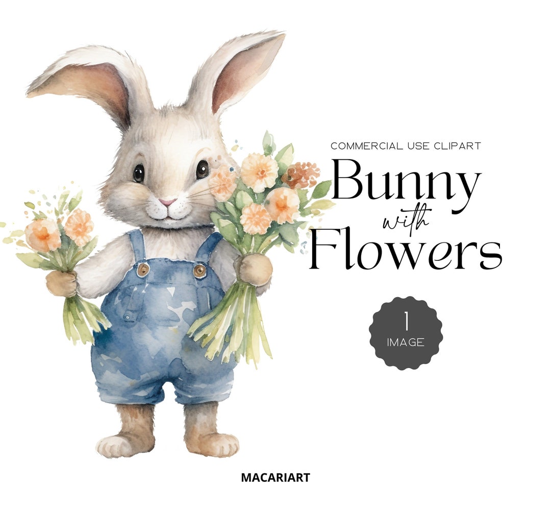 Watercolor Bunny With Flowers Clipart Pack Nursery Spring Clipart ...