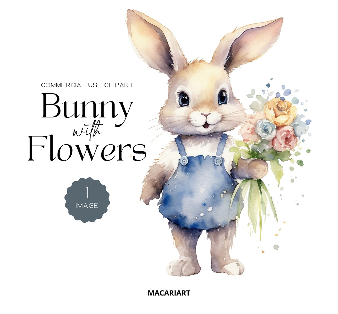Watercolor Bunny With Flowers Clipart Pack Nursery Spring Clipart ...