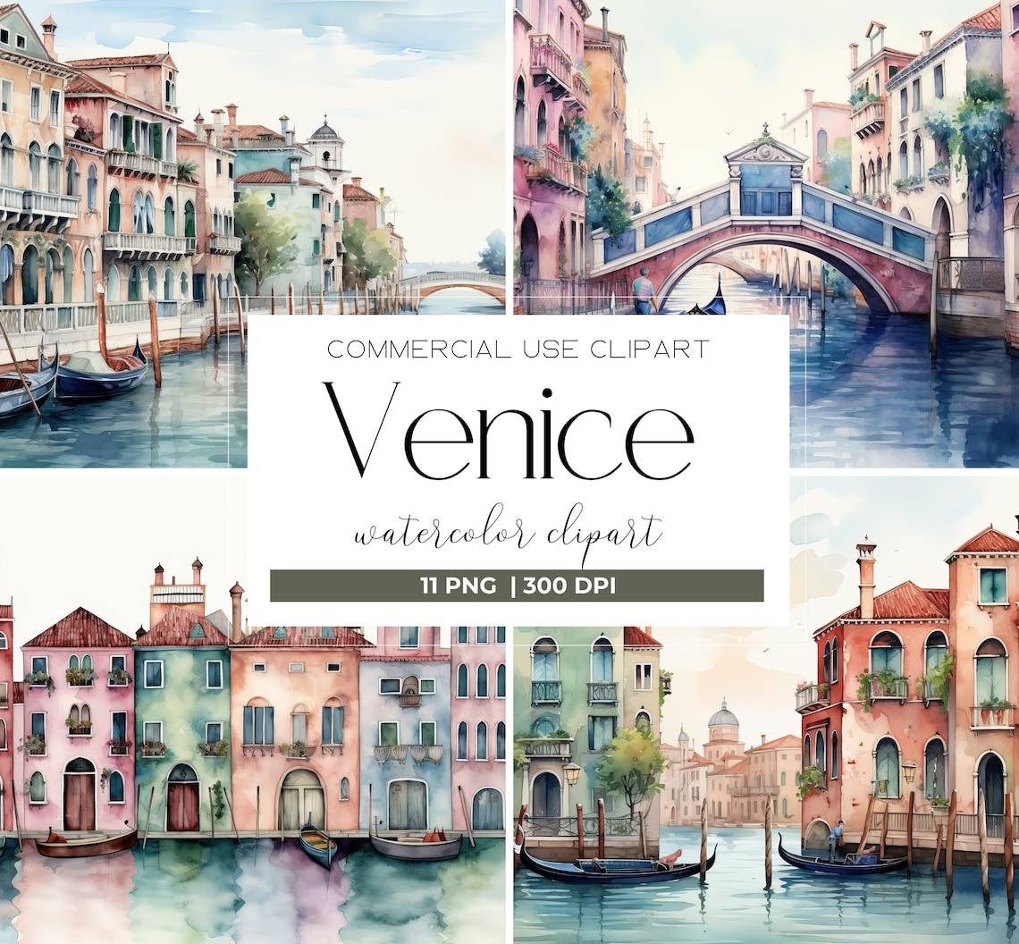 Watercolor Venice Digital Paper Italian Vacation Venice Canals Gondola ...