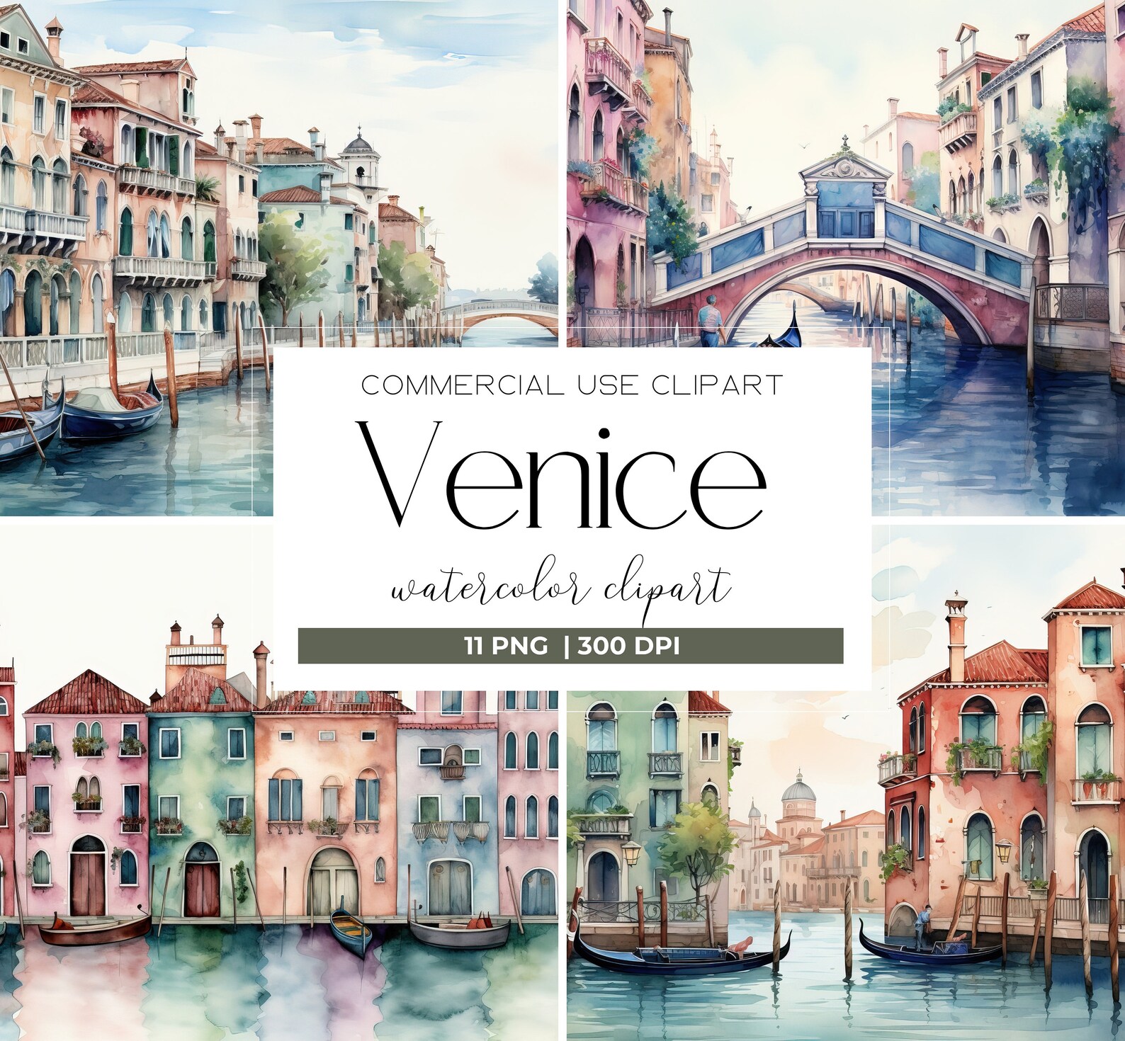 Watercolor Venice Digital Paper Italian Vacation Venice Canals Gondola ...