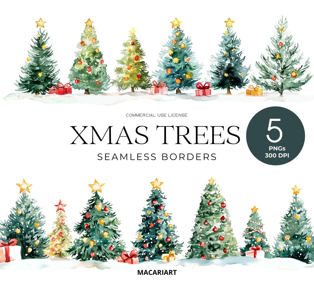 Christmas Tree Borders Clipart, Watercolor Christmas Seamless Border ...