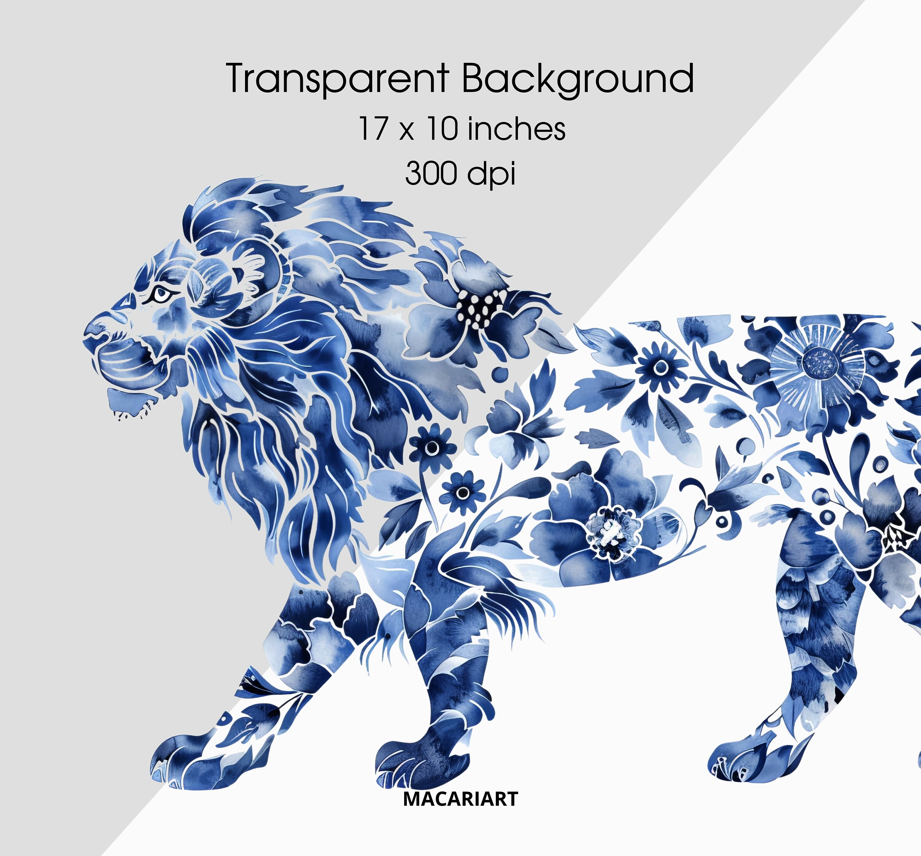 Toile Blue Lion Clipart Watercolor Chinoiserie Toile De Jouy Jungle ...