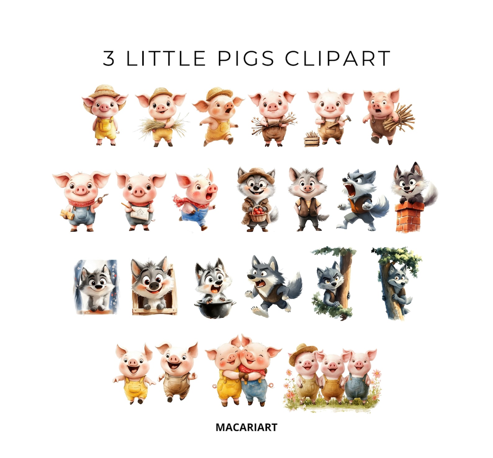 Three Little Pigs Clipart, Big Bad Wolf Png, Cute Piglet Illustration ...