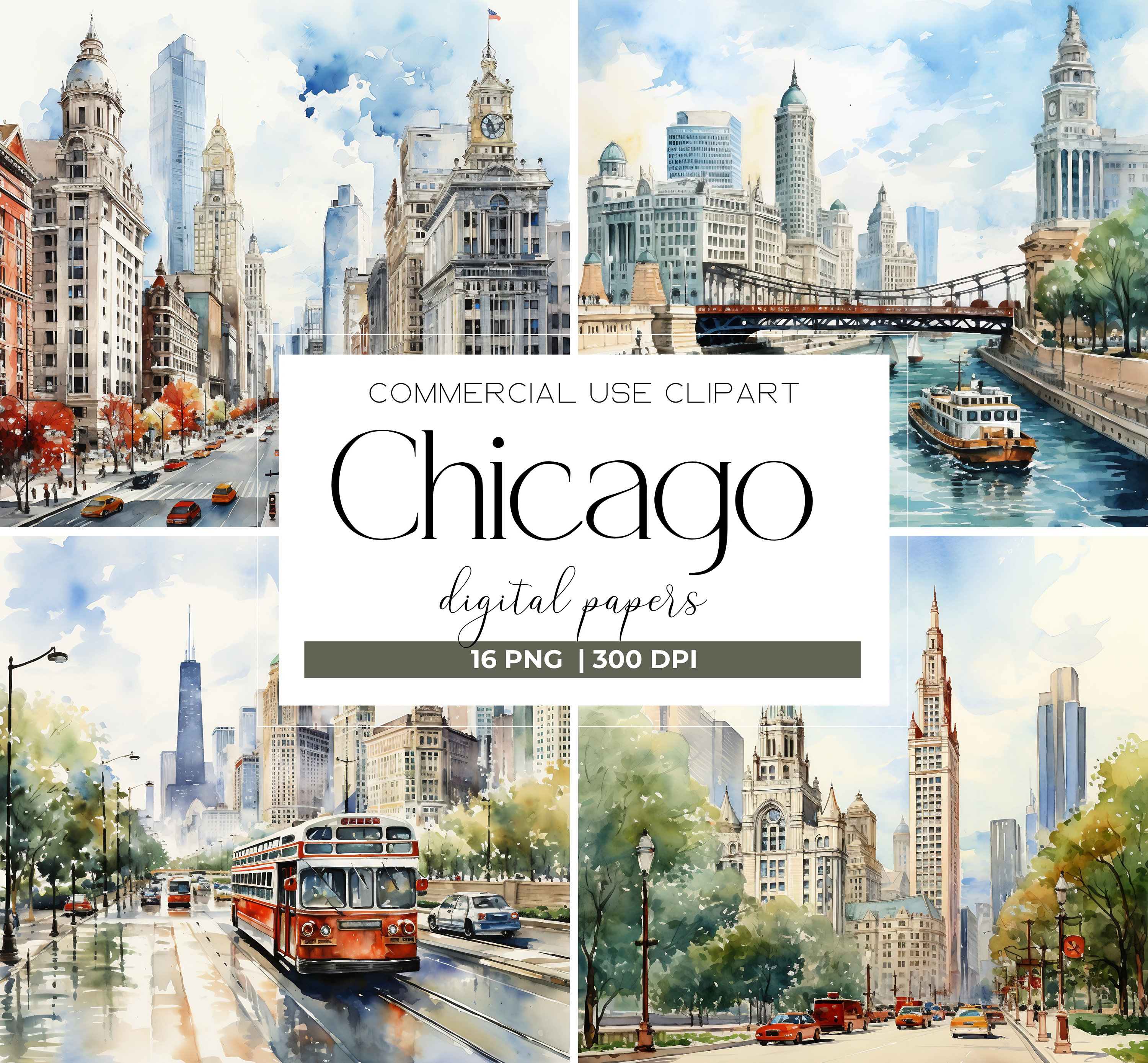 Watercolor Chicago Clipart Chicago Skyline USA Clipart Chicago Png ...