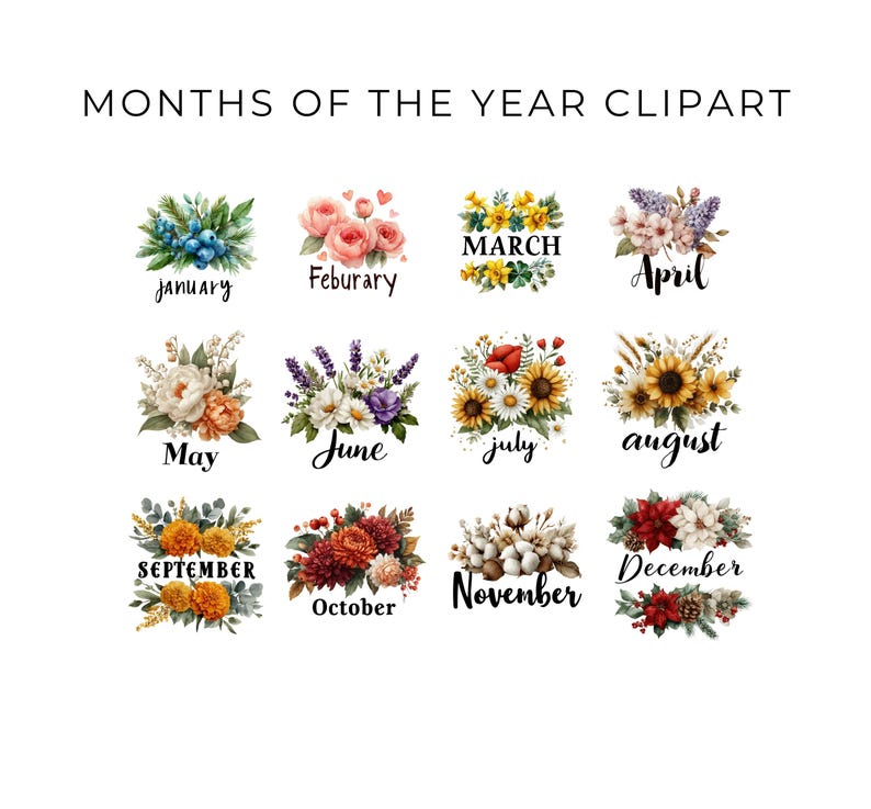 Months of the Year Clipart, Watercolor Seasonal Graphics, Flowers for ...