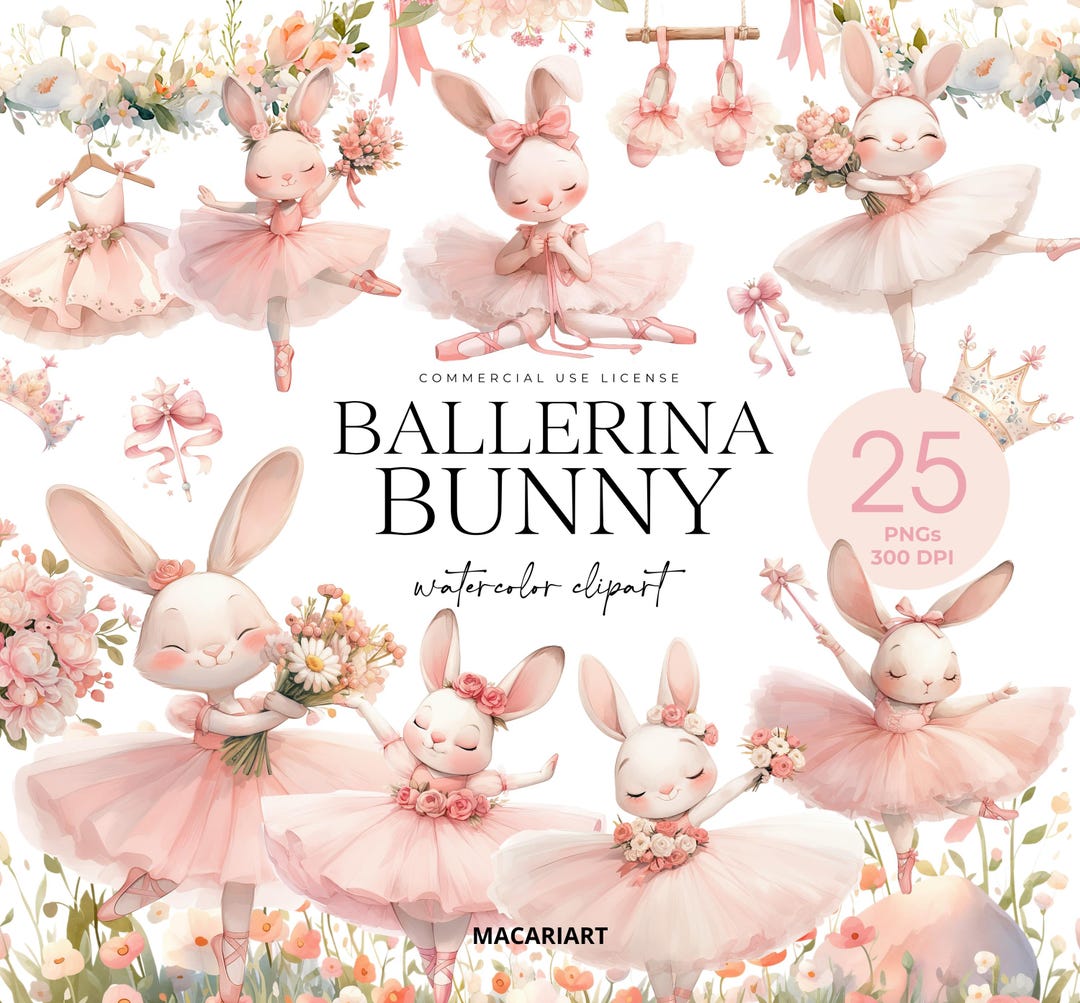 Ballerina Bunny Clipart, Watercolor Bunnies in Tutu, Cute Bunny Png ...