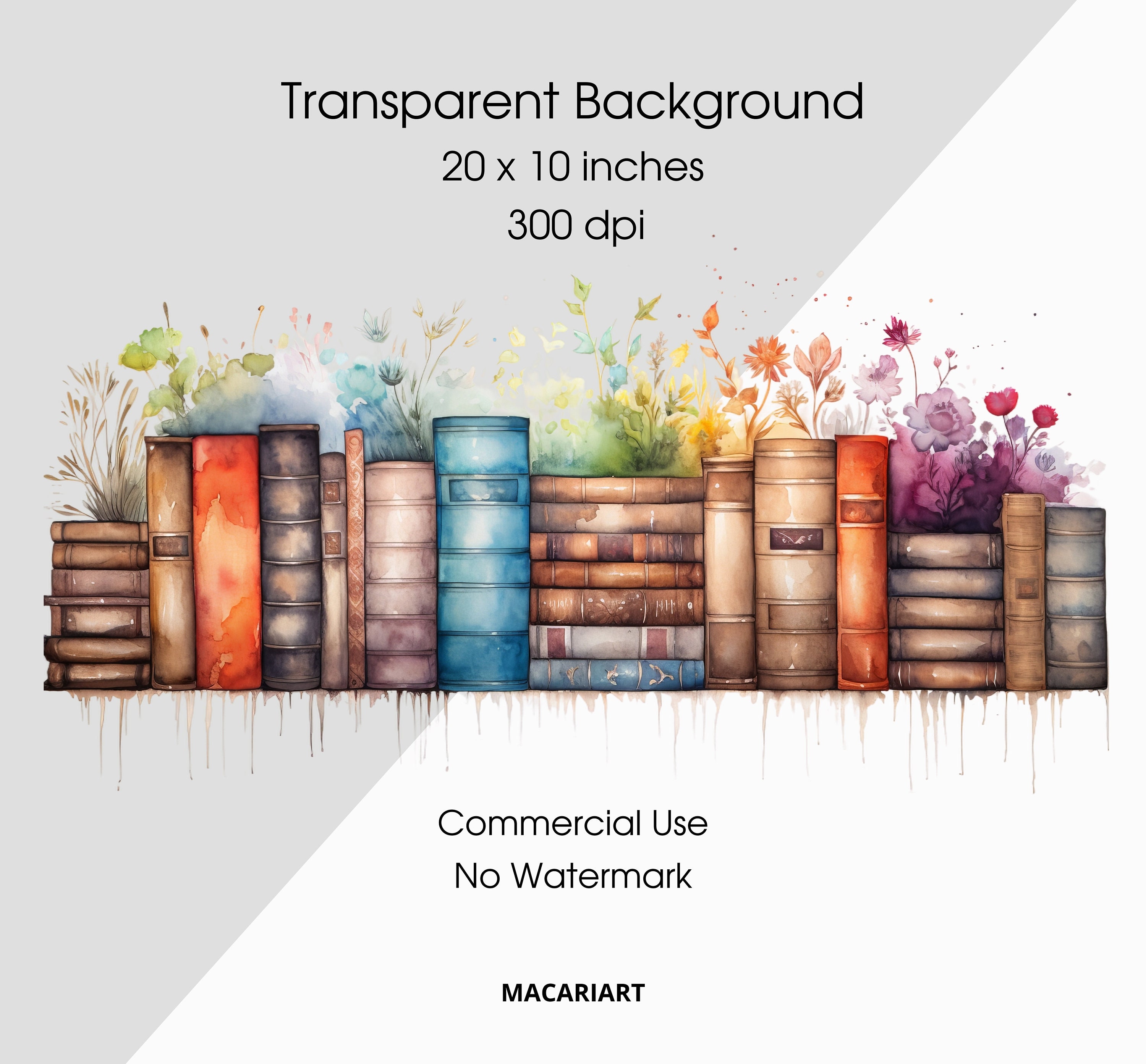 Watercolor Book Border Clipart Bookshelf Png Book Graphics Reading ...