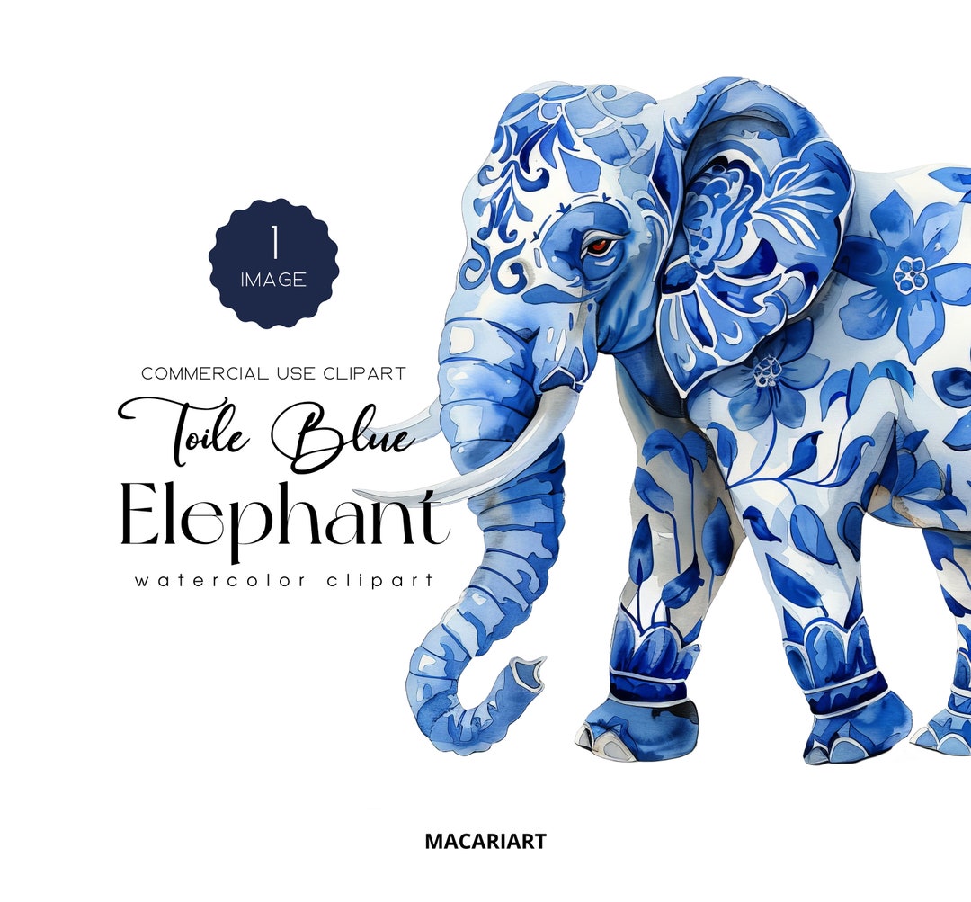 Toile Blue Elephant Clipart Watercolor Chinoiserie Toile De Jouy Jungle ...