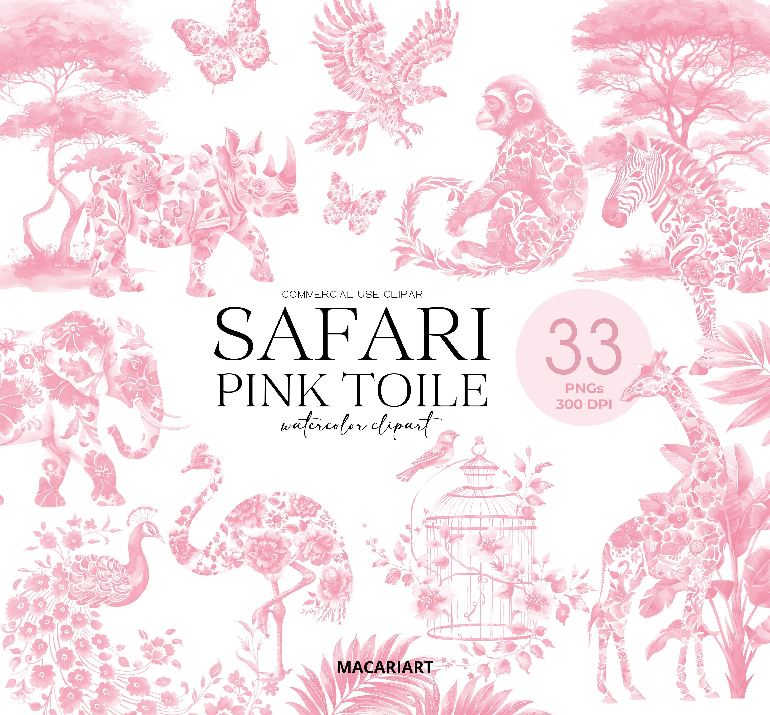 Pink Safari Toile Clipart Watercolor Chinoiserie Jungle Animals Baby ...
