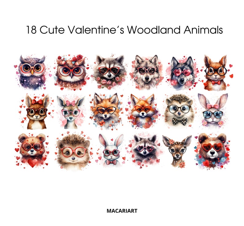 Woodland Animals Watercolor Clipart Cute Animals Pack Valentines Wood ...
