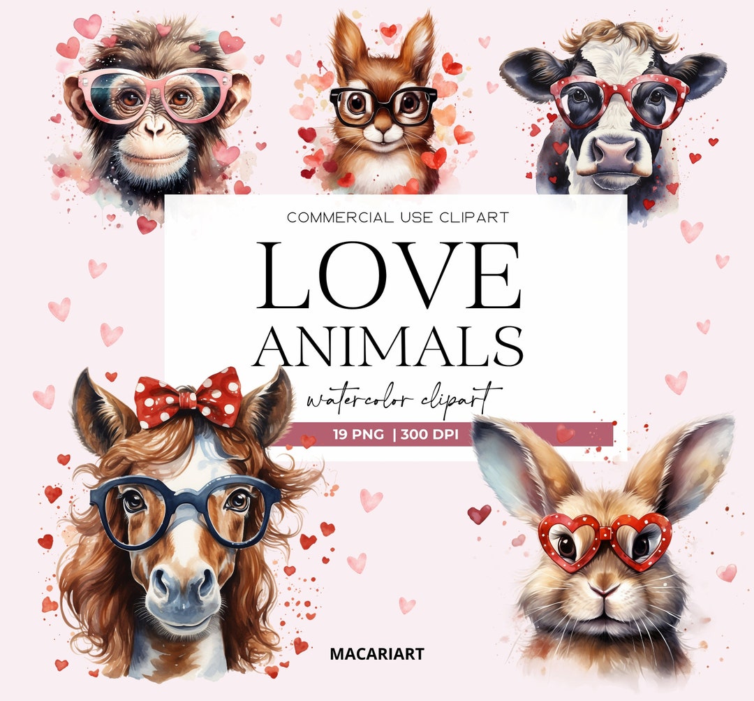 Valentines Animals Clipart Cute Animals Watercolor Animals Valentines ...