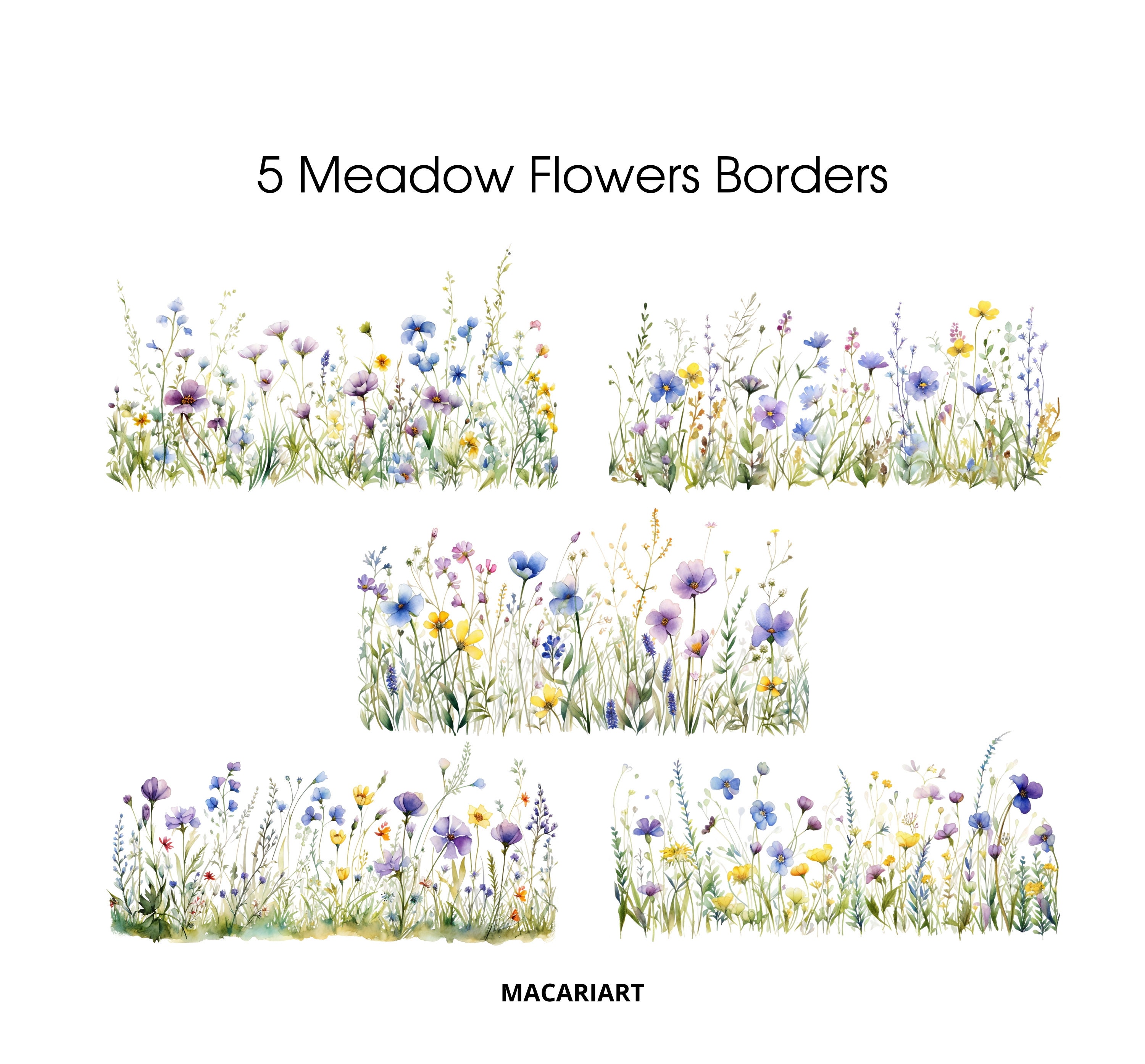 Meadow Flowers Borders Clipart Floral Watercolor Borders Flowers ...