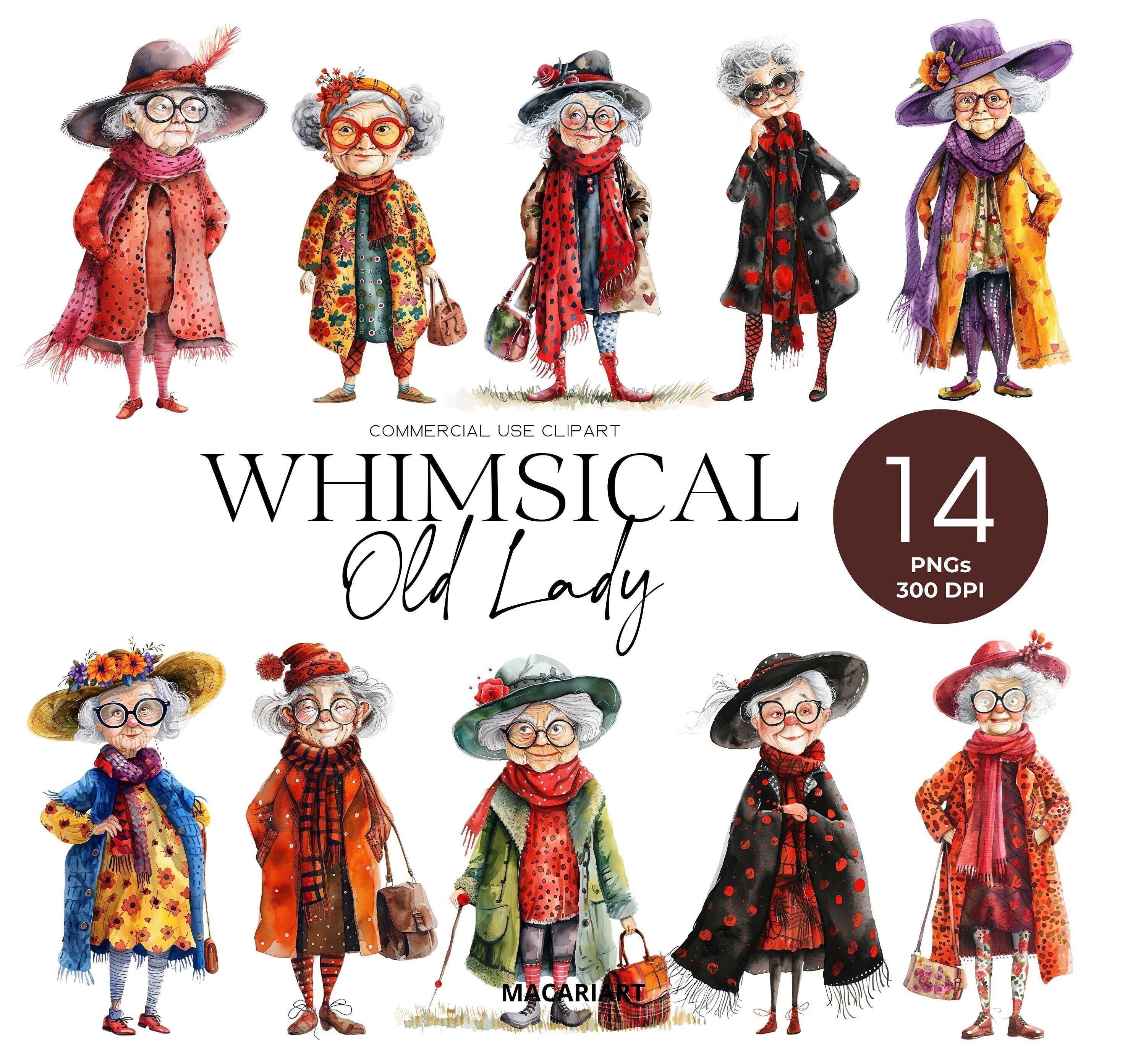Whimsical Old Lady Clipart Quirky Woman Funny Old Ladies Clipart Old ...