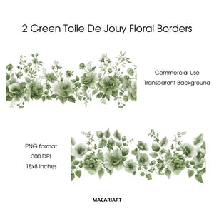 Floral Toile De Jouy Border Clipart Watercolor Green Toile Flowers ...