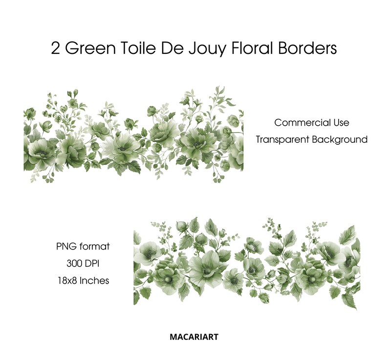 Floral Toile De Jouy Border Clipart Watercolor Green Toile Flowers ...