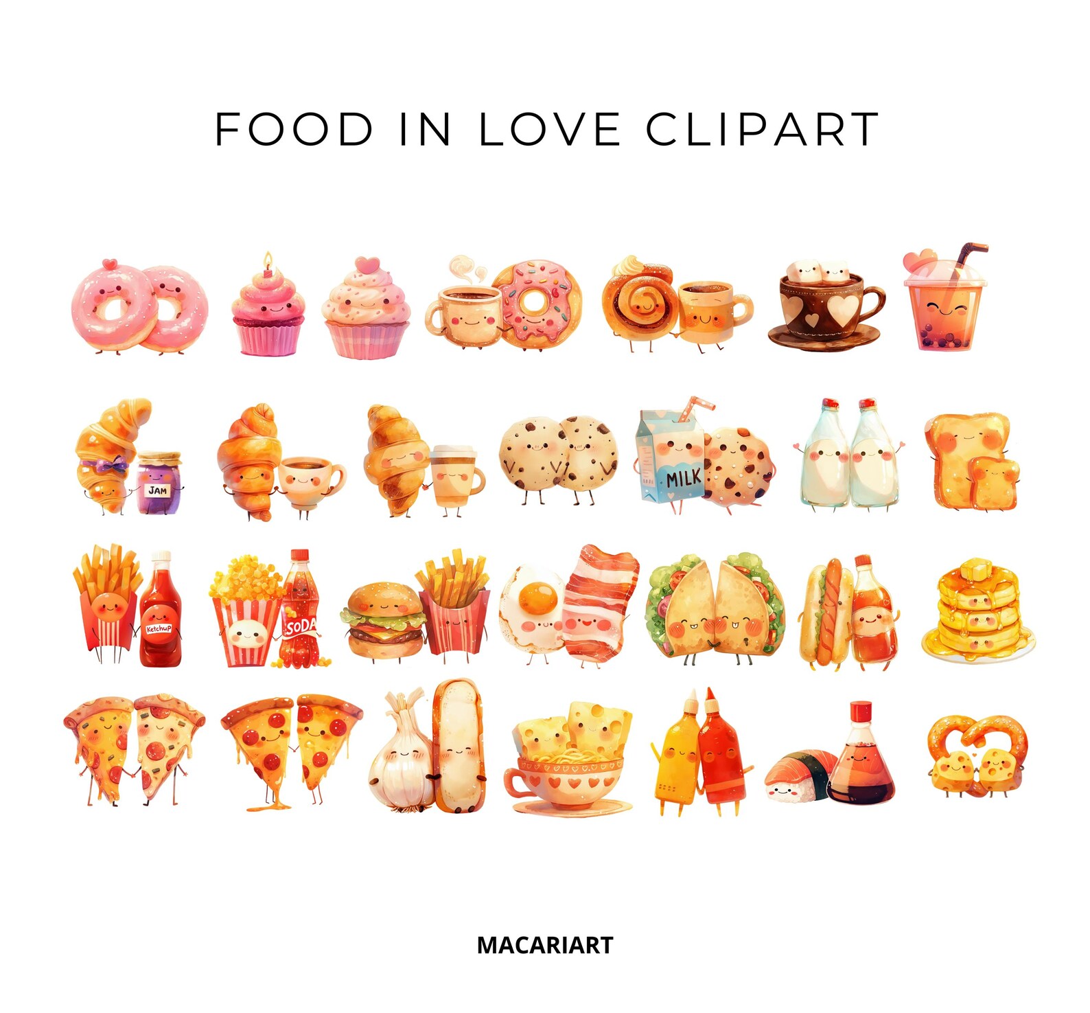 Food in Love Clipart, Kawaii Food Clipart, Cute Watercolor Food, Best ...