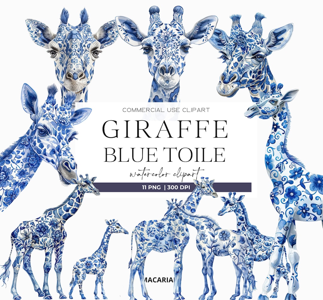 Toile Blue Giraffe Clipart Watercolor Chinoiserie Toile De Jouy Jungle Animals Safari Toile Blue ...