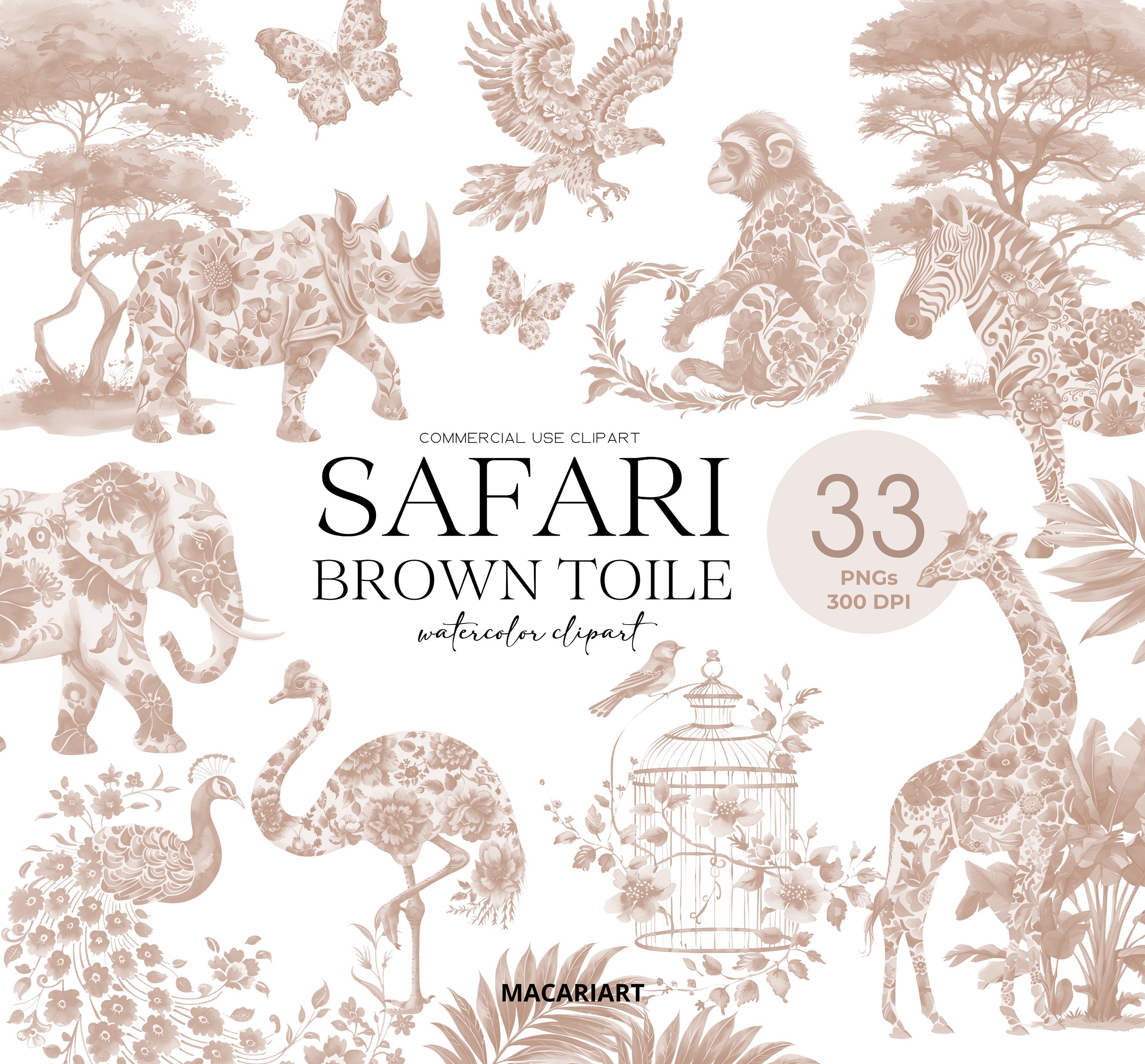 Brown Safari Toile Clipart Watercolor Chinoiserie Jungle Animals Baby ...