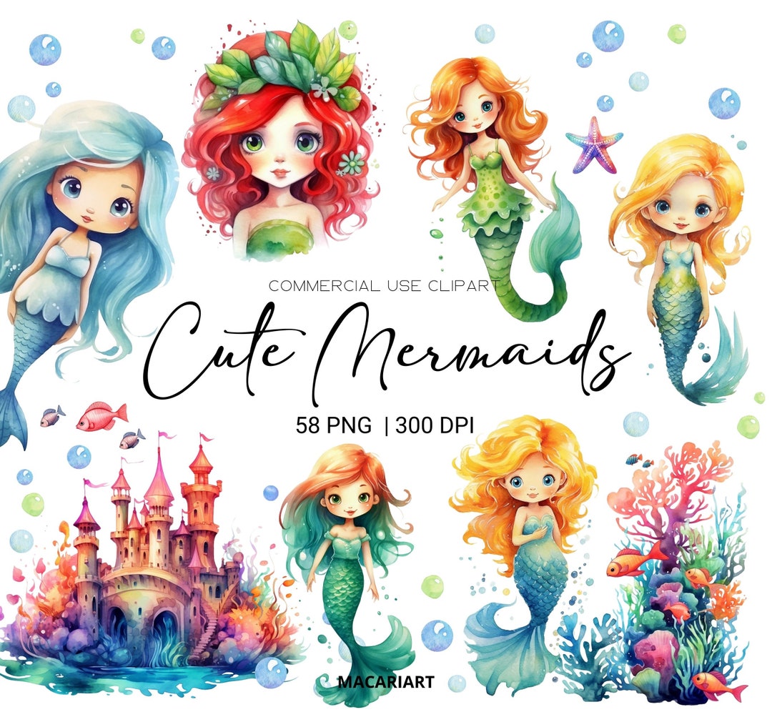 Little Mermaid Clipart Watercolor Mermaid Under the Sea Watercolor ...