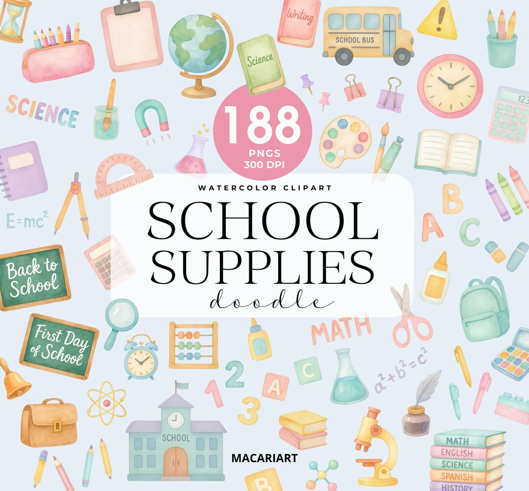 School Supplies Doodle Clipart, Back to School Clipart, Alphabet ...