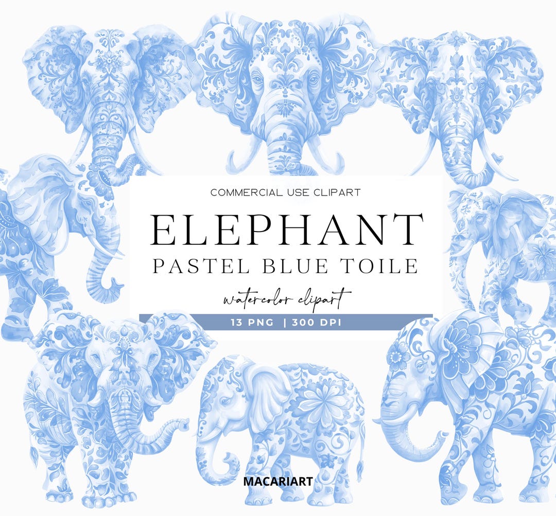 Toile Blue Elephant Clipart Watercolor Chinoiserie Toile De Jouy Jungle ...