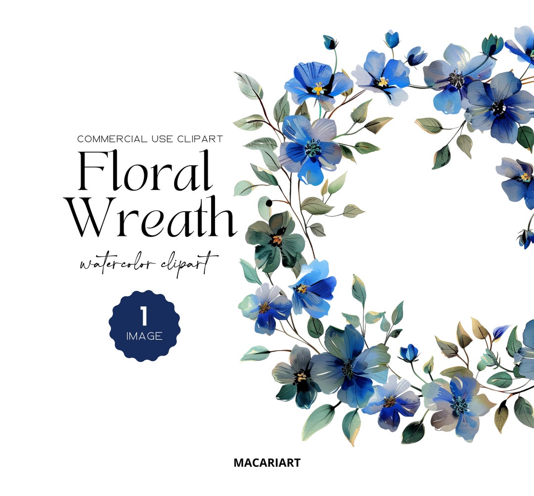 Blue Wildflower Wreath Clipart Watercolor Summer Spring Floral Wreath ...