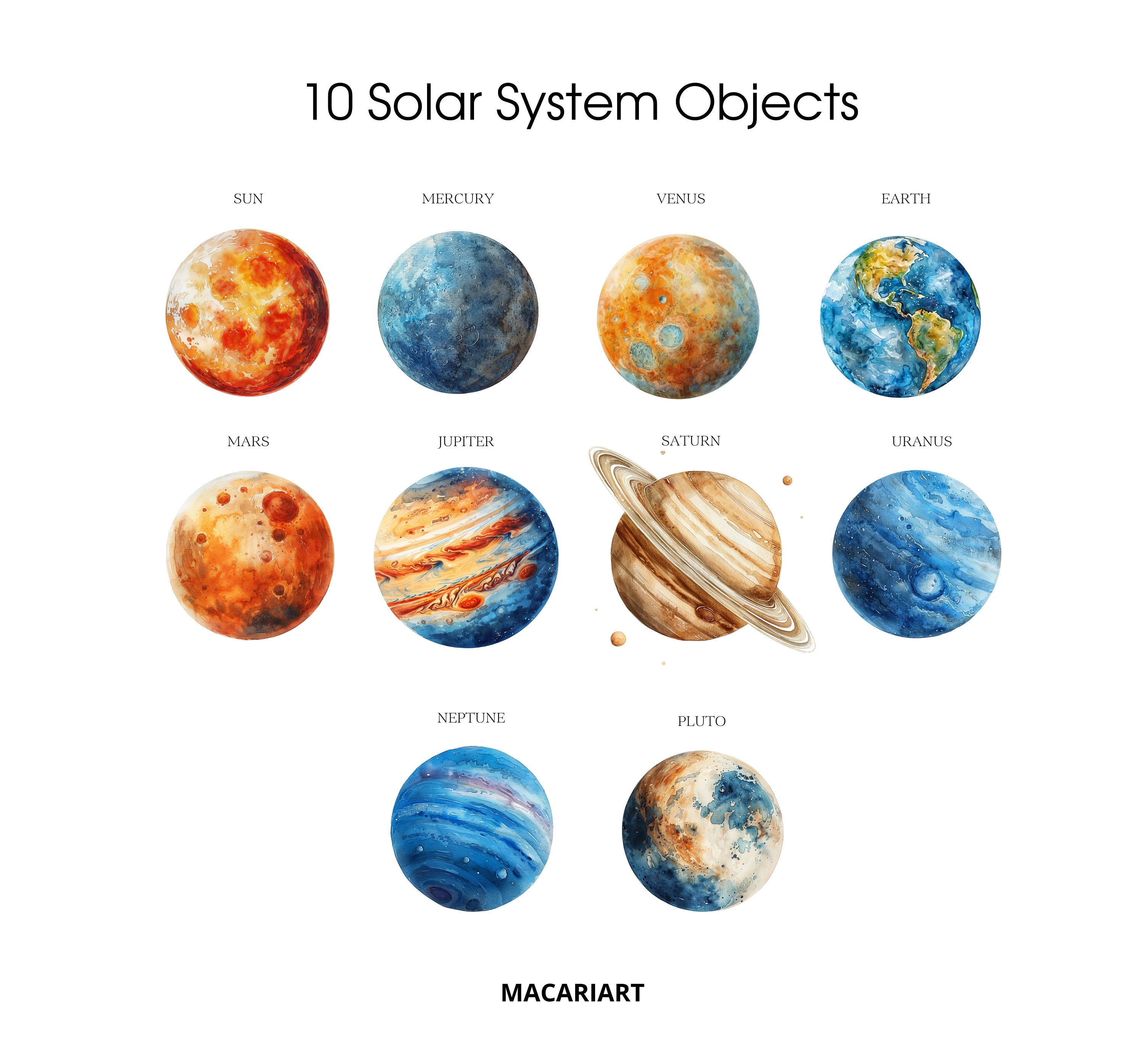 Watercolor Solar System Clipart Pack Planets Png Universe Clipart ...