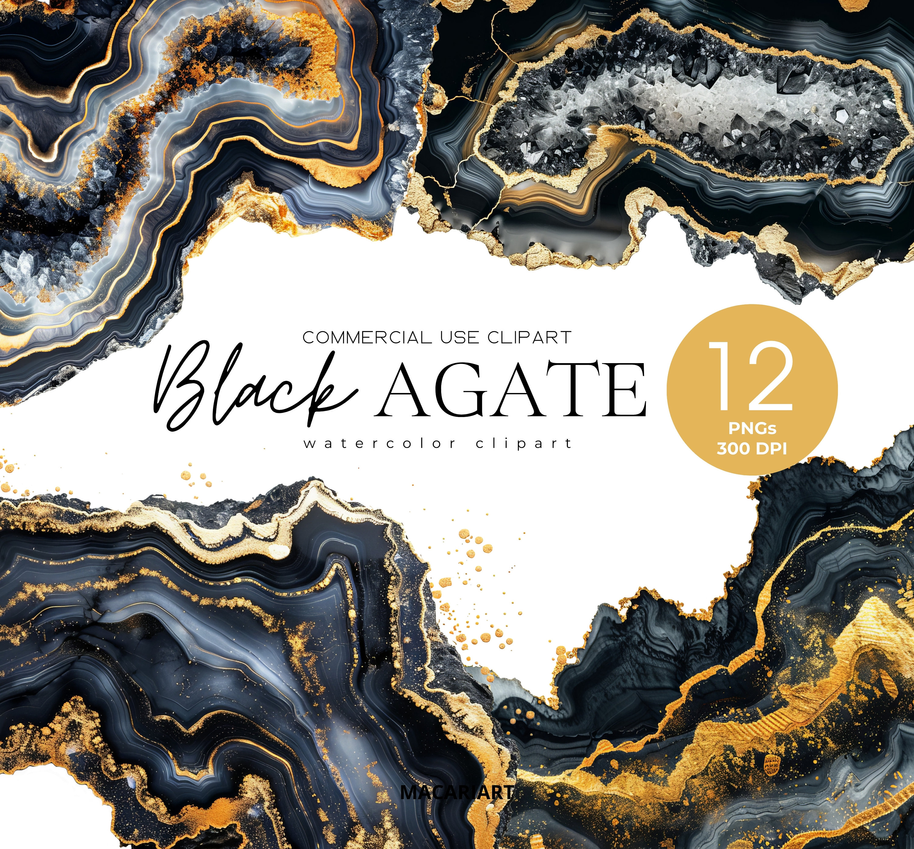 Black Agate Borders Clipart Gold Glitter Black Marble Border Geode ...