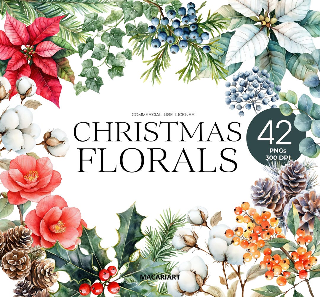 Christmas Floral Clipart, Watercolor Christmas Flowers, Holly & Ivy ...