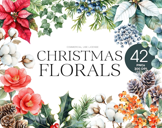 Watercolor Christmas Floral Clipart Bundle, Poinsettia & Lily Bouquet ...