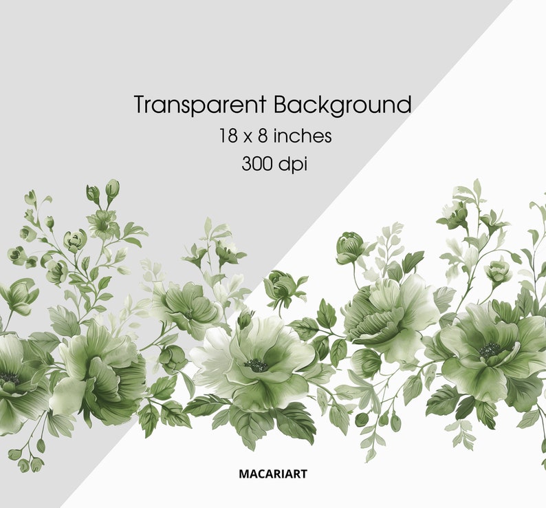 Floral Toile De Jouy Border Clipart Watercolor Green Toile Flowers ...