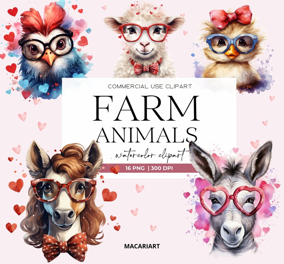 Watercolor Farm Clipart Cute Animals Pack Valentines Farm Animals ...