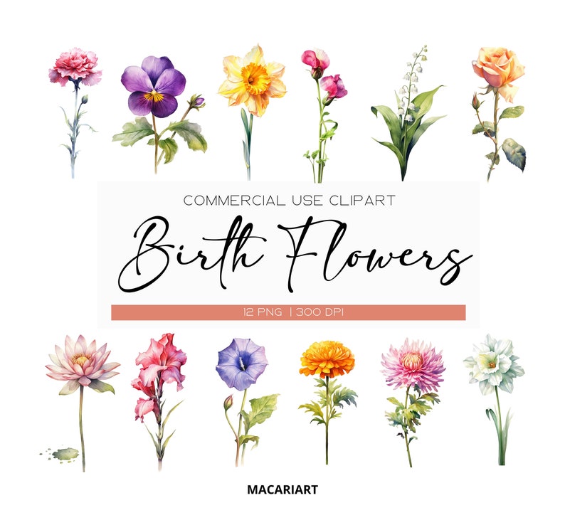 Watercolor Birth Month Flowers Clipart Bundle Digital Watercolor Birth ...
