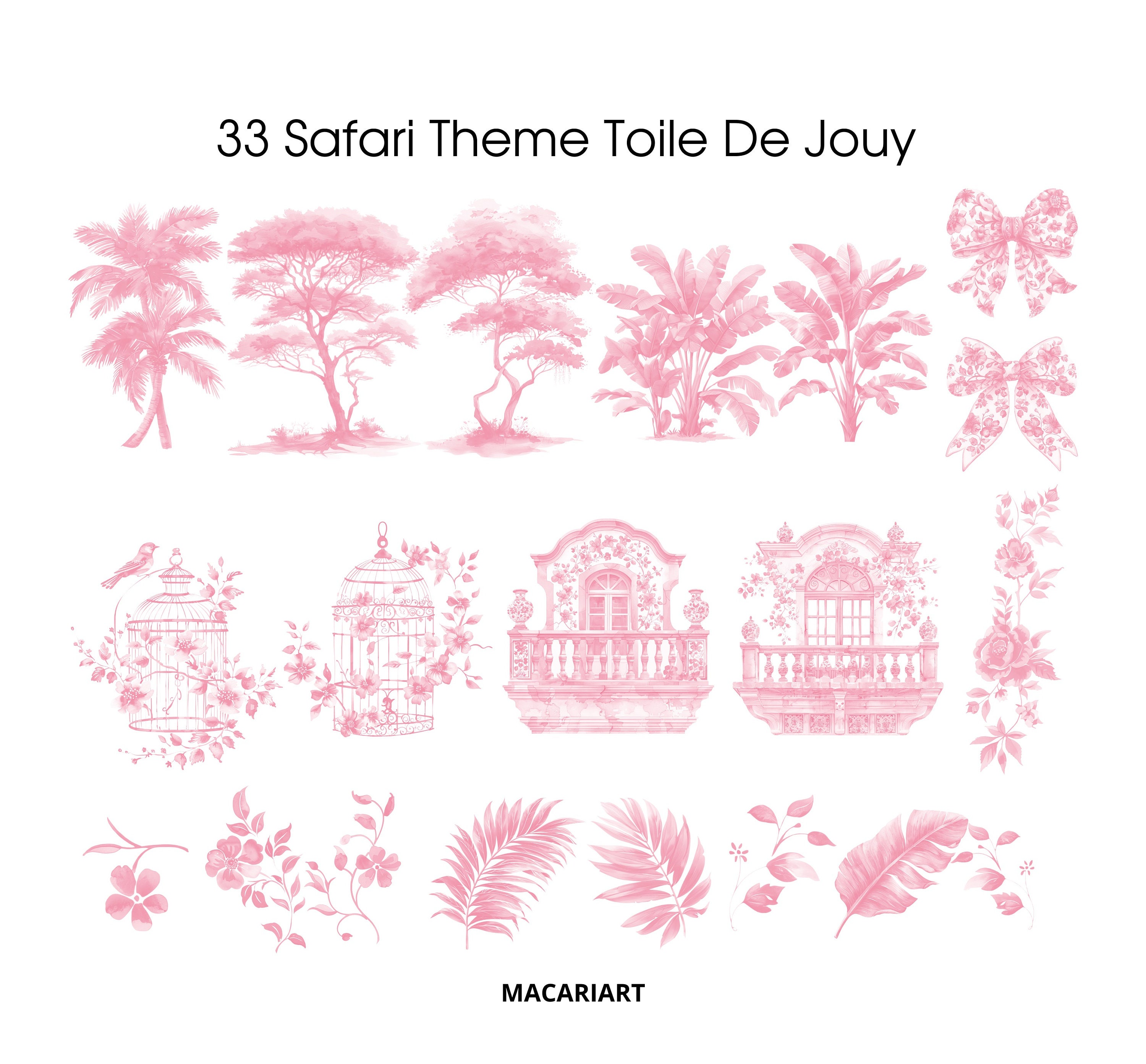 Pink Safari Toile Clipart Watercolor Chinoiserie Jungle Animals Baby ...