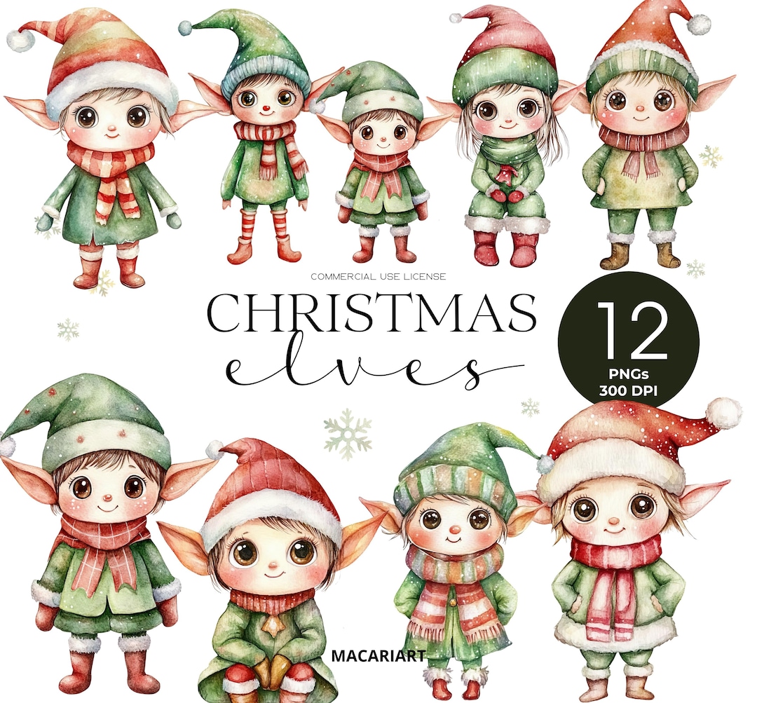 Cute Christmas Elves Clipart Watercolor Santa Elf Png Cute Christmas ...