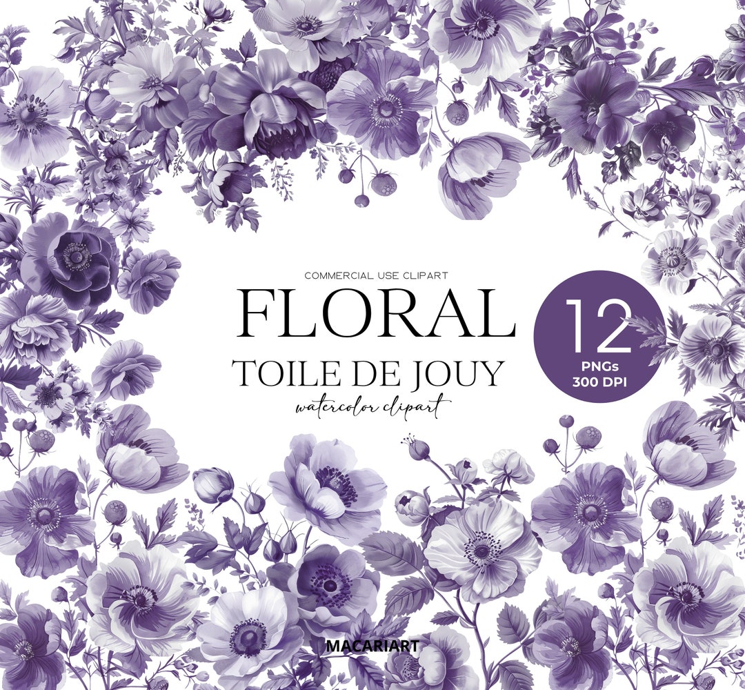 Floral Toile De Jouy Clipart Watercolor Purple Toile Flowers Invitation ...