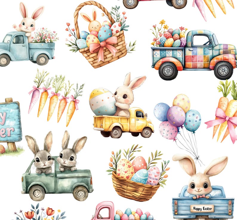 Easter Bunny Truck Clipart, Happy Easter Bunny Png, Floral Easter ...