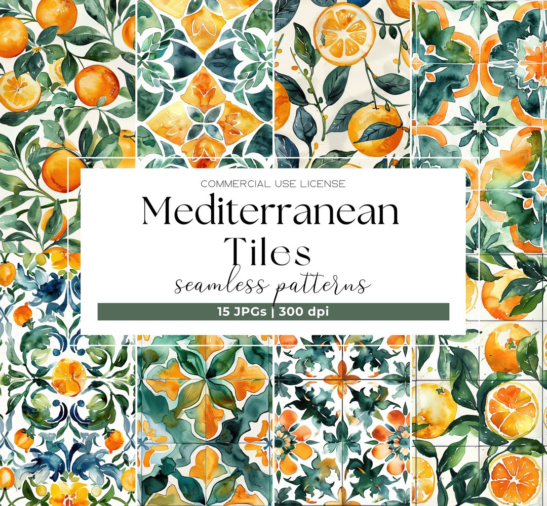 Mediterranean Tile Seamless Pattern Watercolor Blue White Tile Digital ...