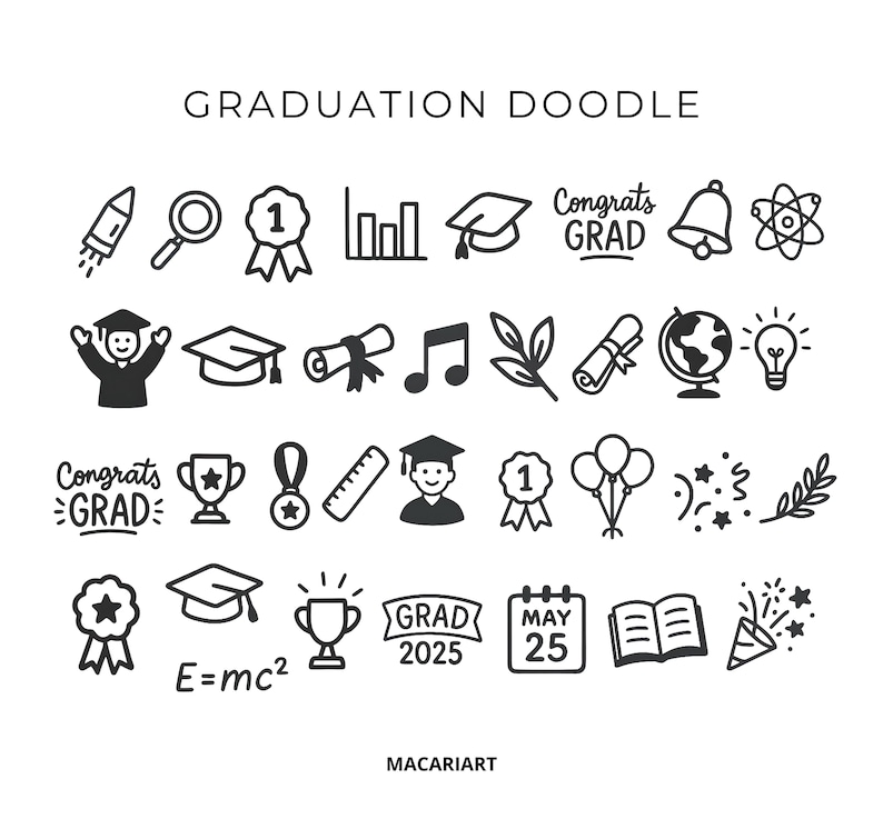 Graduation Doodle Clipart, Graduation SVG, Graduation cap, Diploma ...