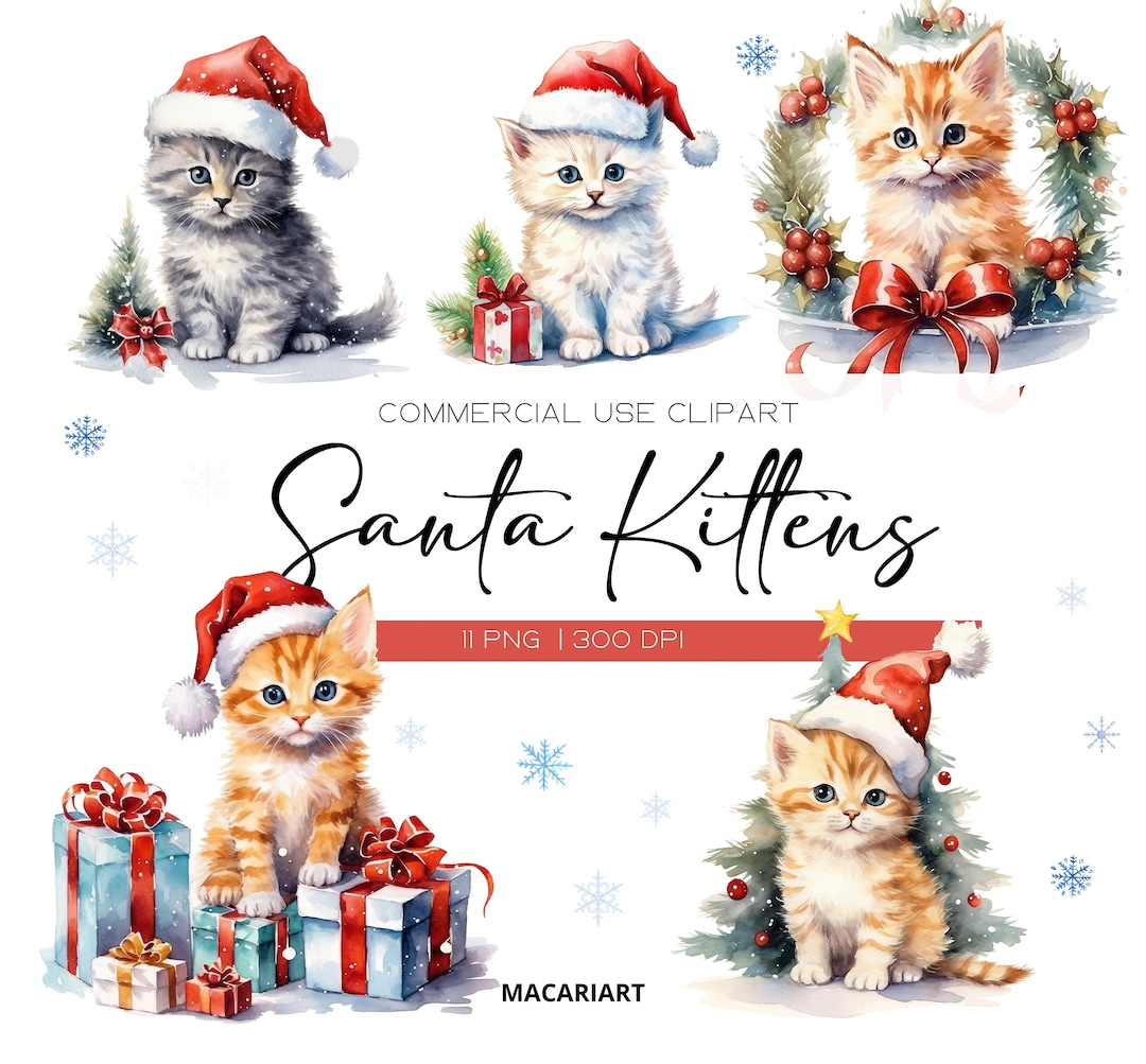Christmas Kitten Clipart Christmas Cats Watercolor Clipart Bundle ...
