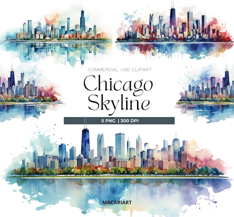 Watercolor Chicago Clipart Chicago Skyline USA Clipart Chicago Png ...