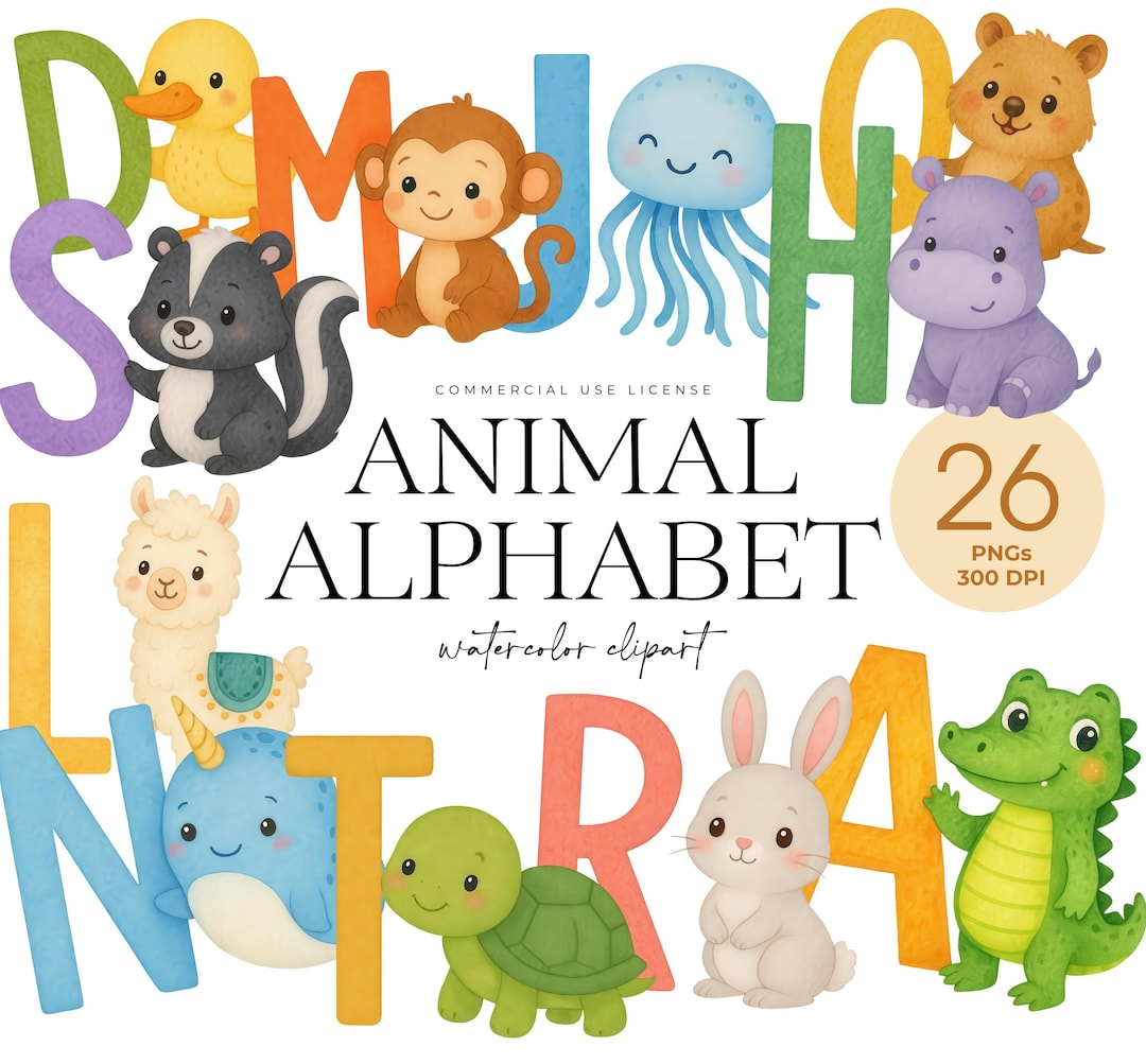 Cute Animal Alphabet Clipart, Watercolor ABC Letters for Kids, School ...