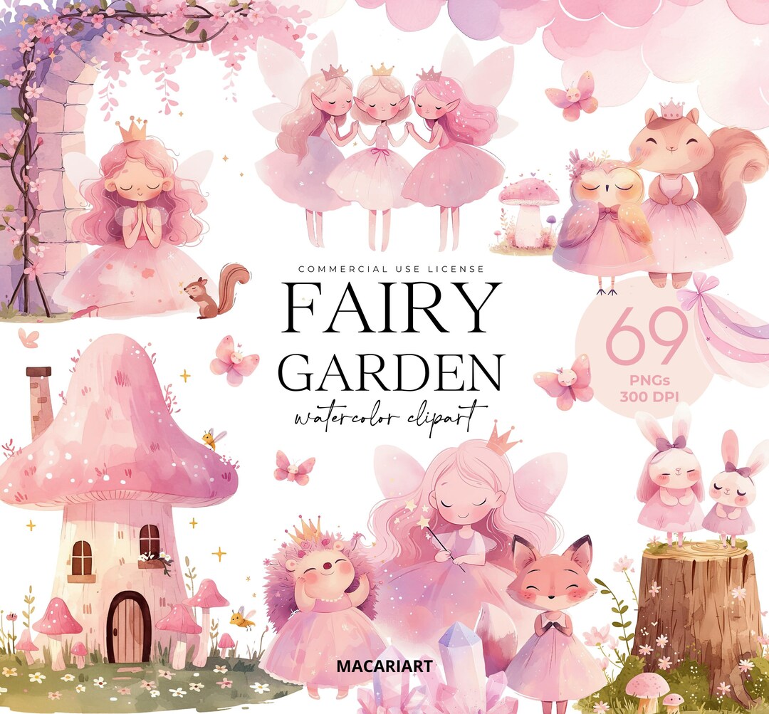 Cute Fairy Garden Clipart, Watercolor Fairy Clipart, Enchanted Forest ...