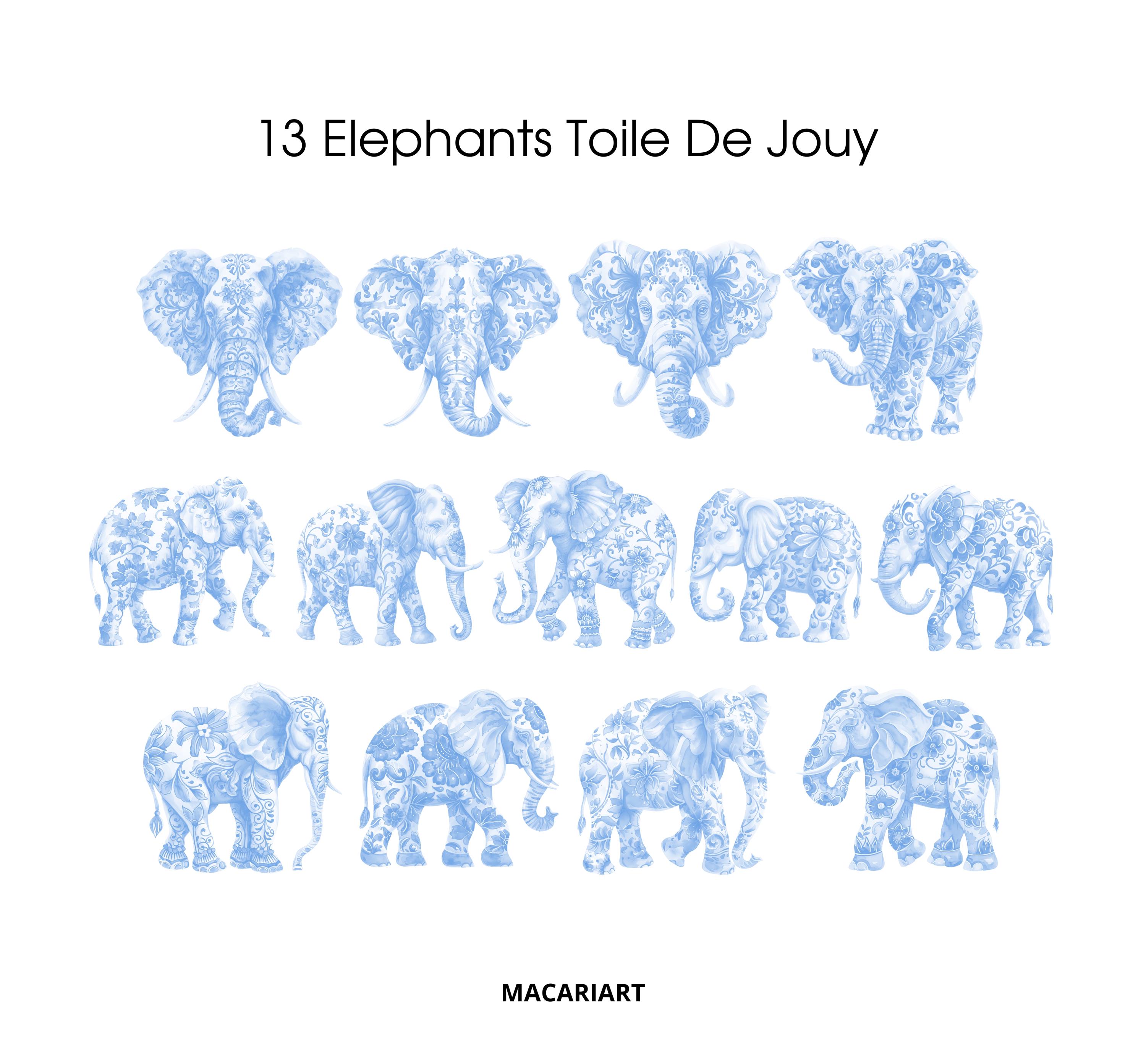 Toile Blue Elephant Clipart Watercolor Chinoiserie Toile De Jouy Jungle ...