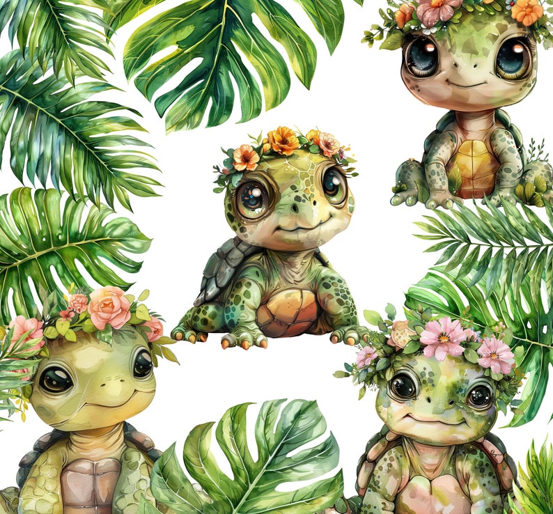 Baby Turtle With Flowers Clipart Watercolor Floral Cute Baby Turtle ...