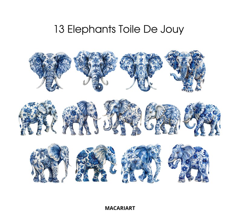 Toile Blue Elephant Clipart Watercolor Chinoiserie Toile De Jouy Jungle ...