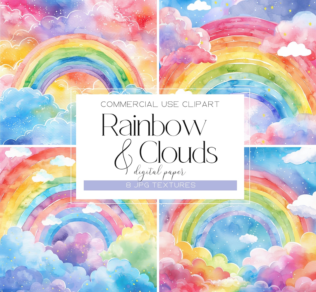 Rainbow With Clouds Digital Paper Rainbows Pattern JPEG Baby Shower ...